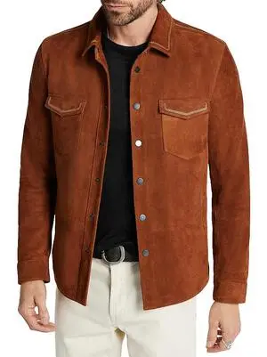 John Varvatos Emmons Regular Fit Suede Shirt Jacket - Nutmeg