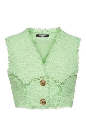 Balmain Tweed Crop Top - Green