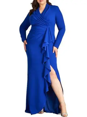 Tadashi Shoji Ruched Long Sleeve Gown - Mystic Blue
