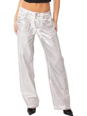 EDIKTED Jolene Metallic Straight Leg Jeans - Silver