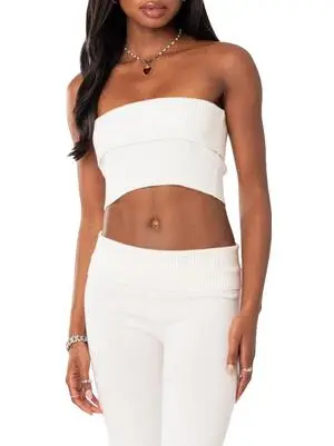 EDIKTED Desiree Foldover Knit Crop Top - White