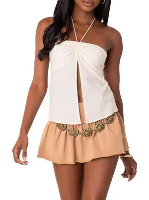 EDIKTED Split Front Ruched Halter Top - Cream