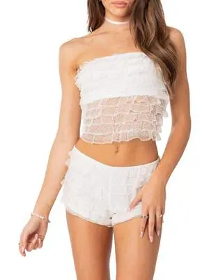 EDIKTED Julianna Sheer Ruffle Tube Top - White