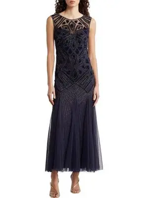 Pisarro Nights Geometric Beaded Gown - Plum 502