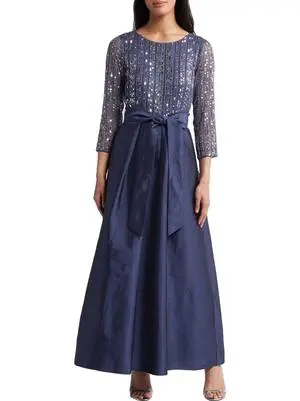 Pisarro Nights Bow Long Sleeve Sequin & Taffeta Gown - Denim