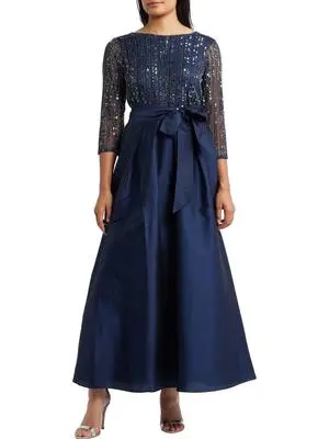 Pisarro Nights Bow Long Sleeve Sequin & Taffeta Gown - Navy