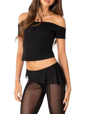 EDIKTED Trixie Foldover Off-the-shoulder Crop Top - Black