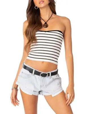 EDIKTED Stripe Sweetheart Strapless Rib Crop Top - Black-and-white