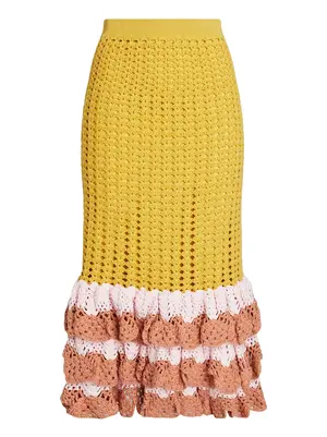 Zimmermann Tiered Crocheted Cotton Midi Skirt - Mustard