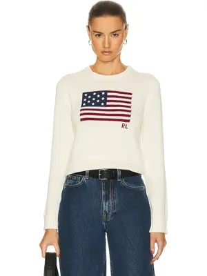 Polo Ralph Lauren Flag Long Sleeve Pullover Sweater - Cream