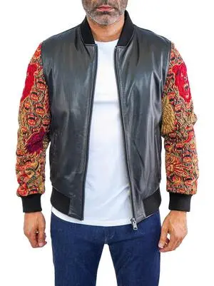 MACEOO Dragon Sleeve Leather Bomber Jacket - Black