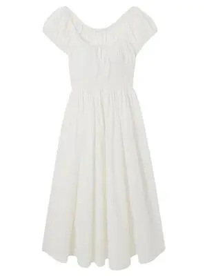 DÔEN Quinn Tie-detailed Shirred Organic Cotton-poplin Midi Dress - White