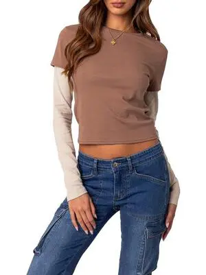 EDIKTED Mood Layered Long Sleeve T-shirt - Brown