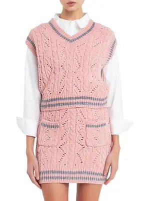 English Factory Stripe Trim Chenille Vest - Pink/grey