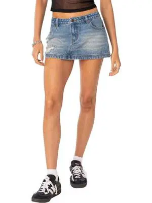 EDIKTED Distressed Low Rise Denim Miniskirt - Blue
