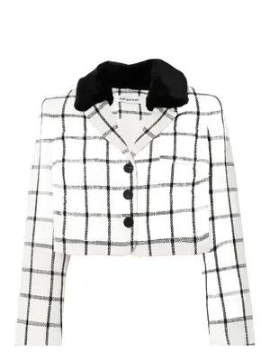 SELF-PORTRAIT Cropped Faux Fur-trimmed Checked Tweed Jacket - Cream