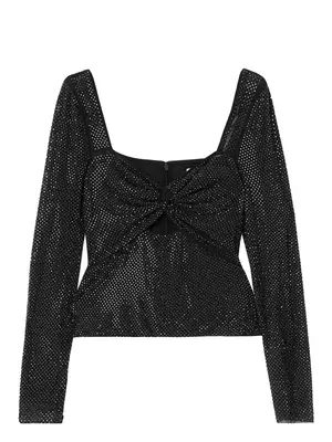SELF-PORTRAIT Twist-front Cutout Crystal-embellished Stretch-mesh Top - Black