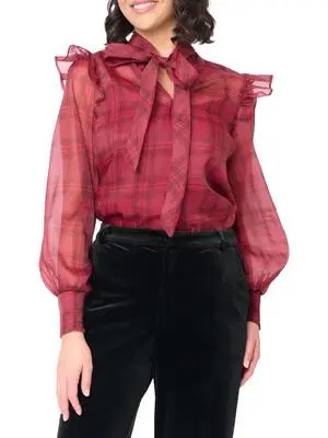 GIBSONLOOK Plaid Ruffle Organza Shirt - Mulberry Wine Plaid