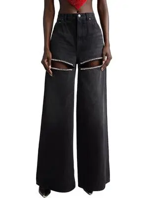 AREA Crystal Embellished Cutout Wide Leg Jeans - Black