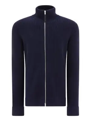 MAISON MARGIELA Knit Zip-up Cardigan With Leather Pull - Blue