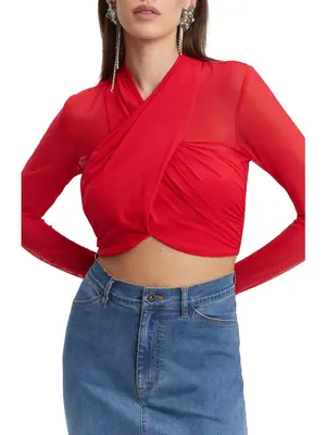 Bardot Bardot Aliyah Long Sleeve Crop Top Fire Red