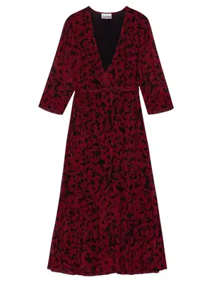GANNI Botanical-print Wrap Midi Dress - Red