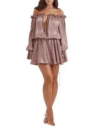 House Of Cb Metallic Off-the-shoulder Mini Dress - Hazelnut