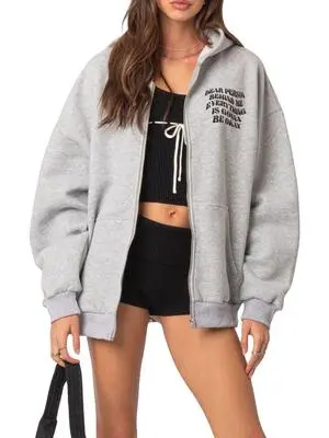 EDIKTED Oversized Graphic Zip Hoodie - Gray Melange