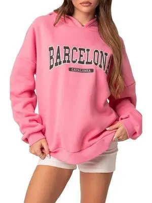 EDIKTED Barcelona Oversized Graphic Hoodie - Pink