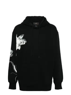 Y3 Floral-print Drawstring Hoodie - Black