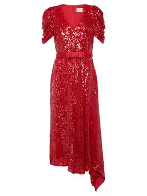 Erdem Asymmetric Sequined Midi Dress - Red