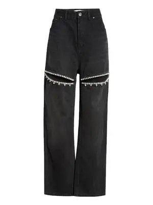 AREA Crystal Slit Straight Leg Jeans - Black