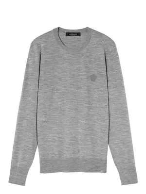 Versace Versace Embroidered Wool-Blend Knit Sweater Gray