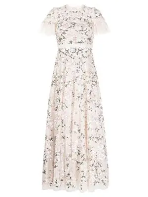 NEEDLE & THREAD Floral-embroidered Short-sleeve Gown - Neutrals