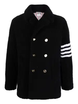 Thom Browne 4-bar Stripe Shearling Pea Coat - Blue