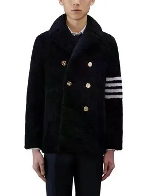 Thom Browne 4-bar Stripe Shearling Pea Coat - Blue