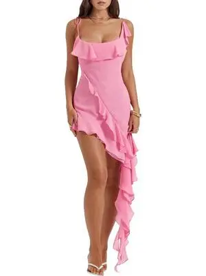 House Of Cb Ruffle Drape Asymmetric Minidress - Dianthus
