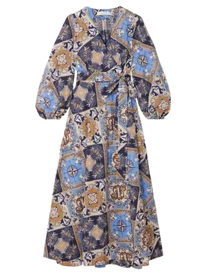 Zimmermann Alight Belted Printed Cotton Midi Wrap Dress - Blue