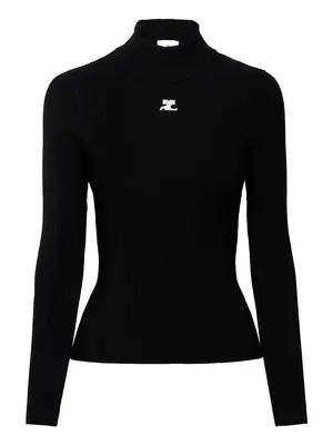 COURREGES Reedition Embroidered Ribbed-knit Turtleneck Sweater - Black