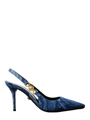 Versace Embellished Printed Denim Slingback Pumps - Blue