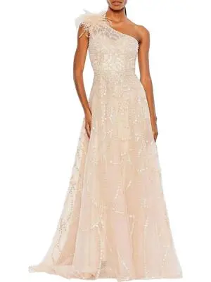 Mac Duggal Sequin & Feather-embellished Gown Peach