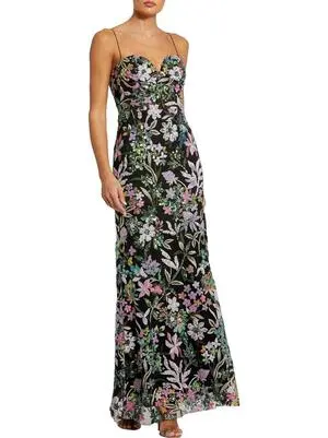 Mac Duggal Floral Sequined Sleeveless Maxi Dress - Black Multi