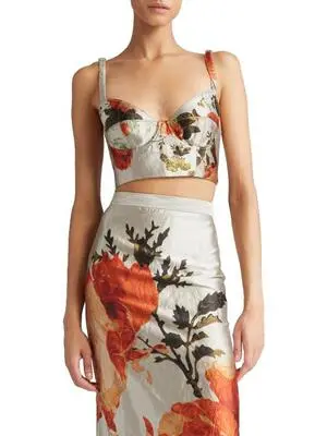 Erdem Floral Metallic Crinkled Satin Corset Top - Pearl