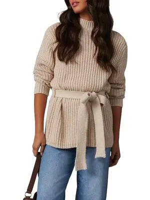 VICI Rib Belted Mock Neck Sweater - Ecru