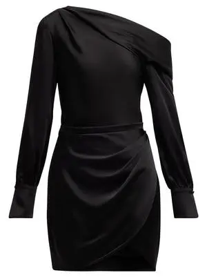 Simkhai SIMKHAI Cameron One-Shoulder Wrap-Skirt Satin Mini Dress Black