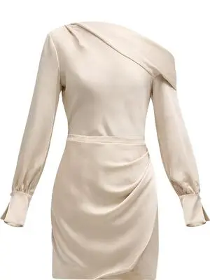 Simkhai SIMKHAI Cameron One-Shoulder Wrap-Skirt Satin Mini Dress Champagne