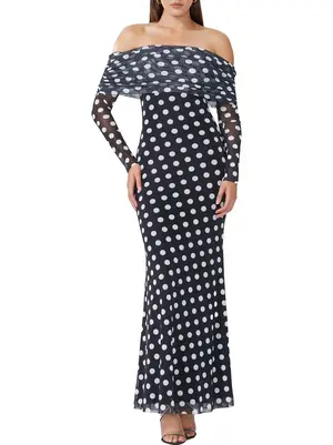 AFRM Thelma Off-the-shoulder Maxi Dress - Diagonal Dot