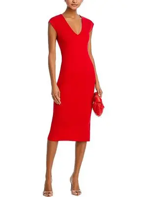Aqua V-neck Ponte Midi Dress - Red