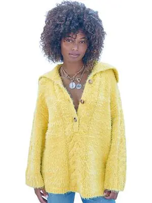 Free People Collared Cable Knit Sweater - Lemon Tonic