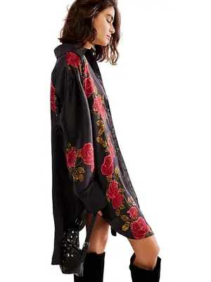 Free People Rose-Print Satin Button Down Black Combo